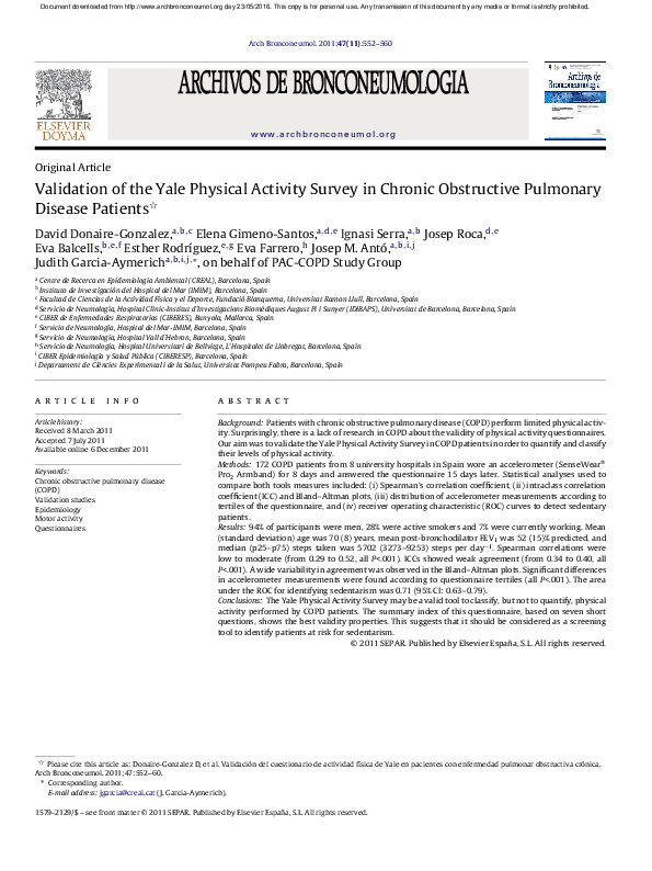 (PDF) Validation of the Yale Physical Activity Survey in Chronic Obstructive Pulmonary Disease ...