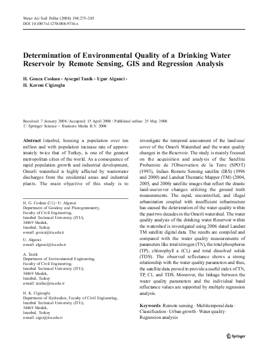 Pdf Remote Sensing Based Algorithms For Water Quality Monitoring In