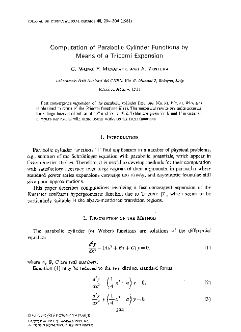 (PDF) Computation of parabolic cylinder functions by means of a tricomi expansion