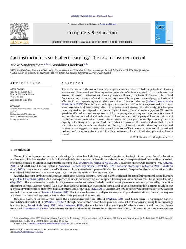 (PDF) Can instruction as such affect learning? The case of learner control