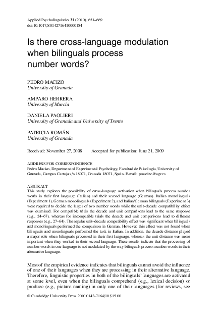 (PDF) Is there cross-language modulation when bilinguals process number words?