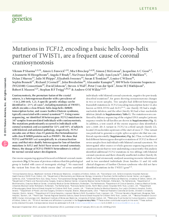 (PDF) Mutations of TCF12, encoding a basic-helix-loop-helix partner of ...