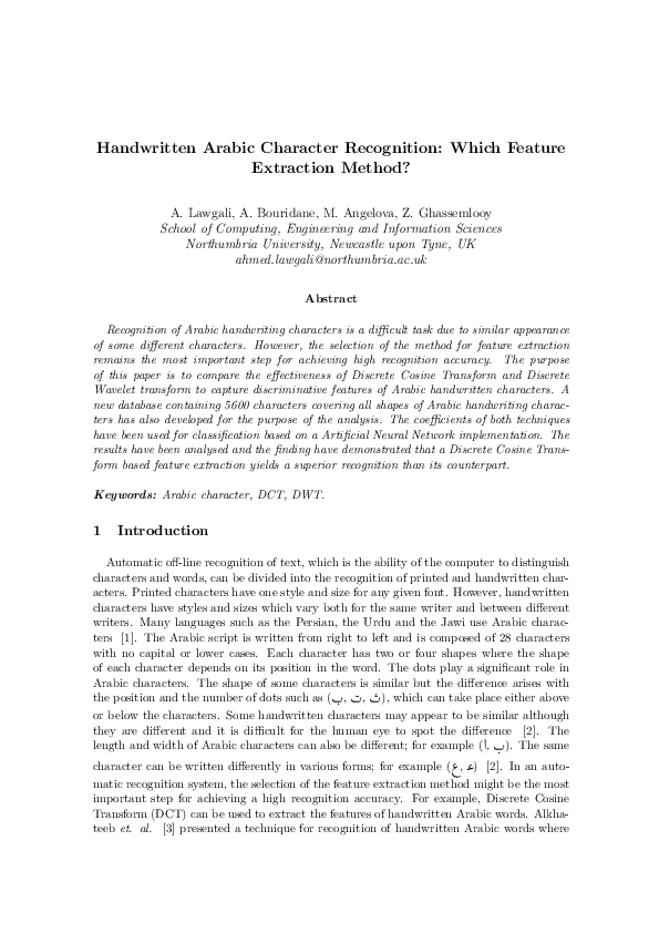 Pdf Handwritten Arabic Character Recognition Which Feature Extraction Method