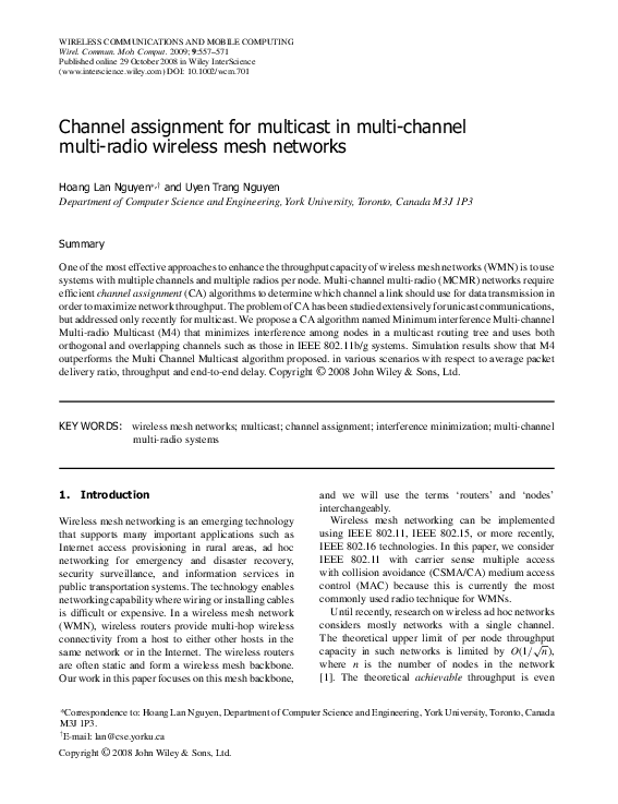 (PDF) Channel assignment for multicast in multi-channel multi-radio wireless mesh networks