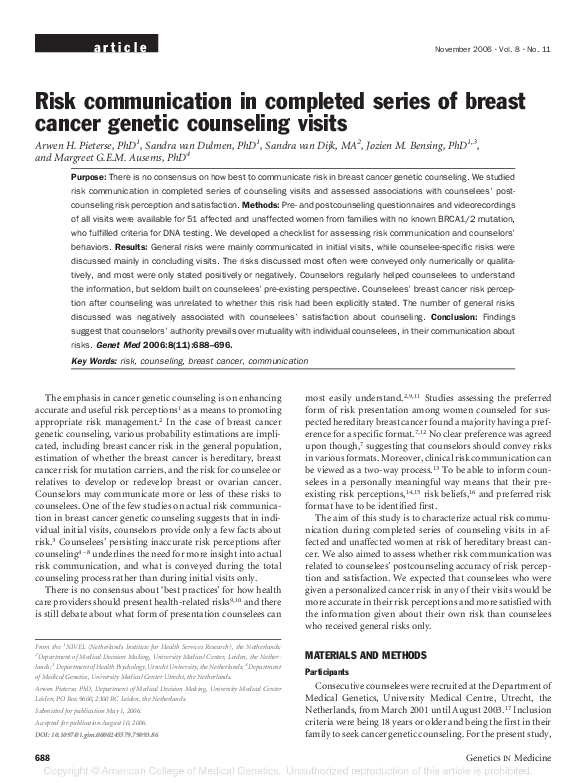 (PDF) Risk communication in completed series of breast cancer genetic ...