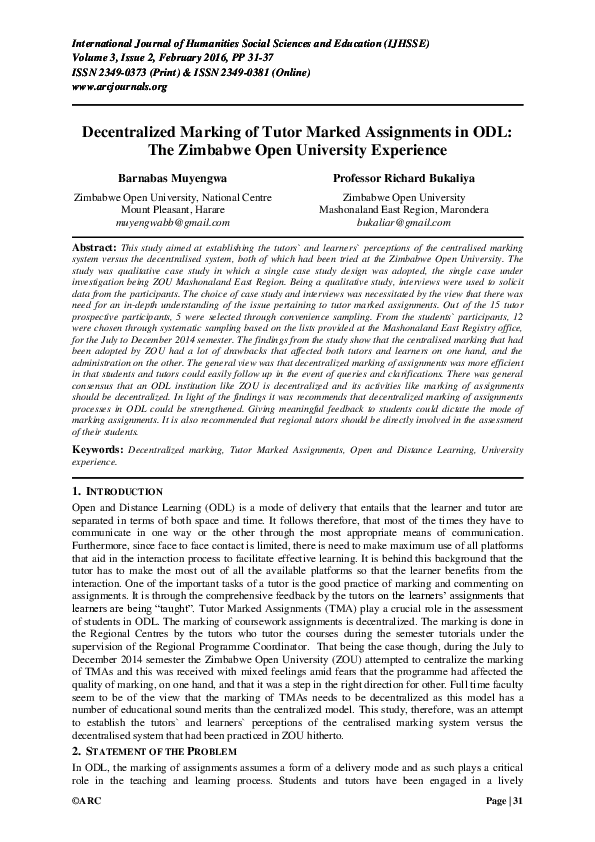 (PDF) Decentralized Marking of Tutor Marked Assignments in ODL: The ...