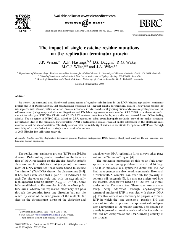 (PDF) The impact of single cysteine residue mutations on the ...