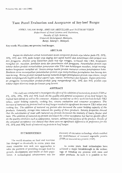 (PDF) Taste Panel Evaluation and Acceptance of Soy-beef Bur~er