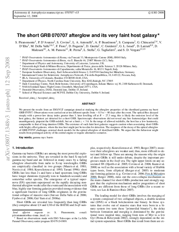 (PDF) The short GRB 070707 afterglow and its very faint host galaxy