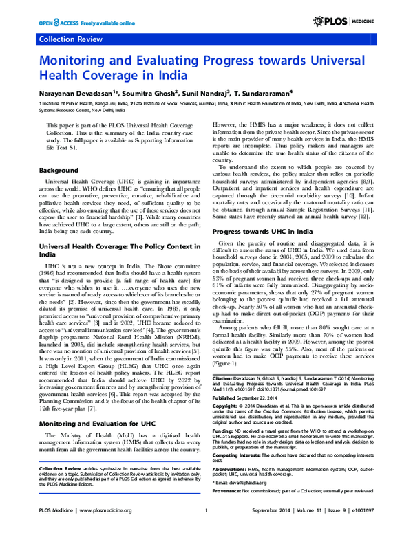 Pdf Monitoring And Evaluating Progress Towards Universal Health Coverage In India