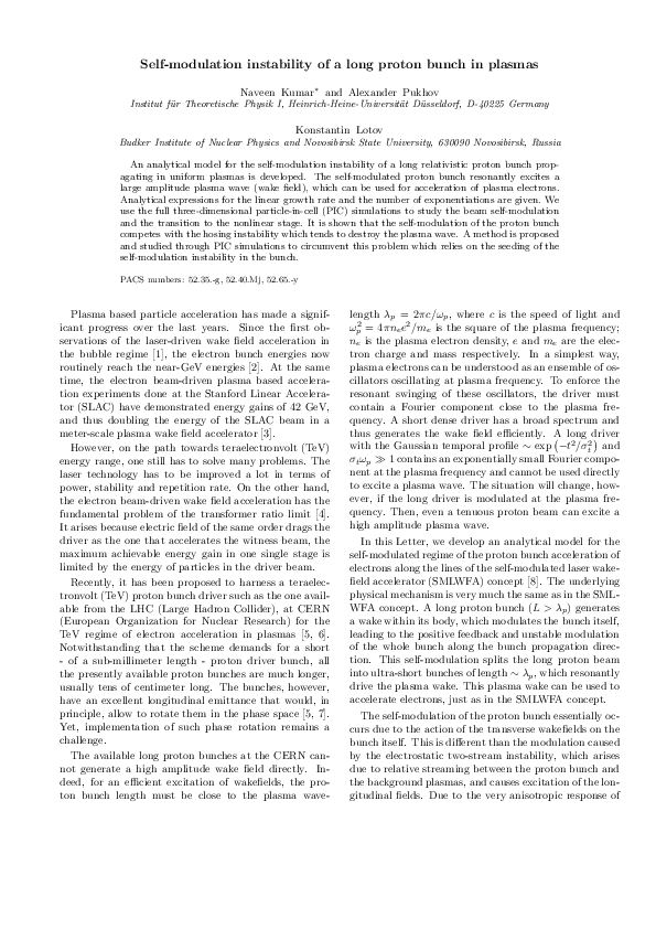 (PDF) Self-Modulation Instability of a Long Proton Bunch in Plasmas