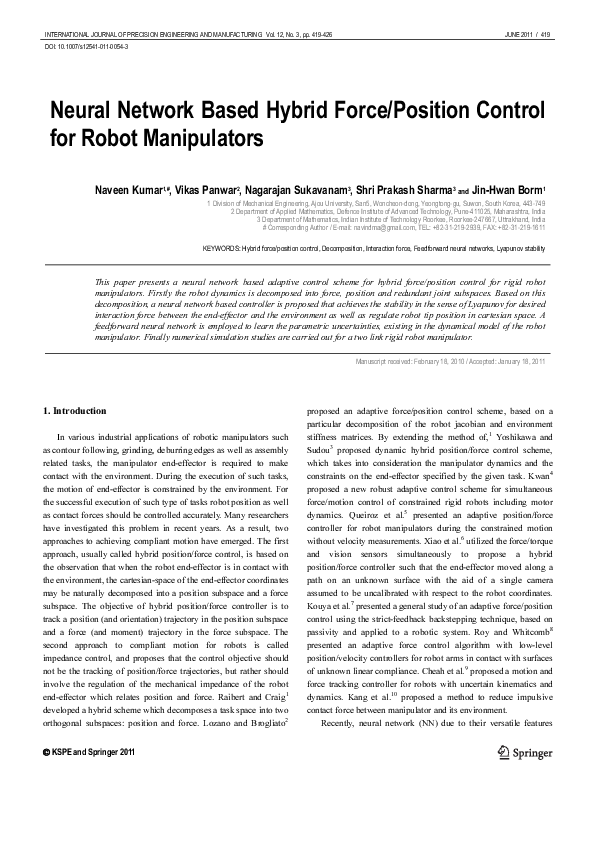 (PDF) Neural network based hybrid force/position control for robot manipulators