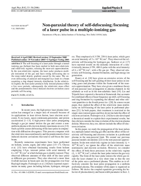 (PDF) Non-paraxial theory of self-defocusing/focusing of a laser pulse in a multiple-ionizing gas