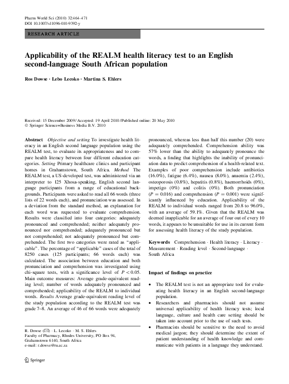 (PDF) Applicability of the REALM health literacy test to an English ...