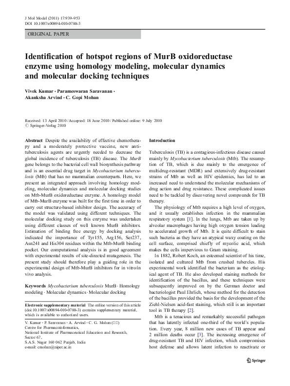 (PDF) Identification of hotspot regions of MurB oxidoreductase enzyme ...