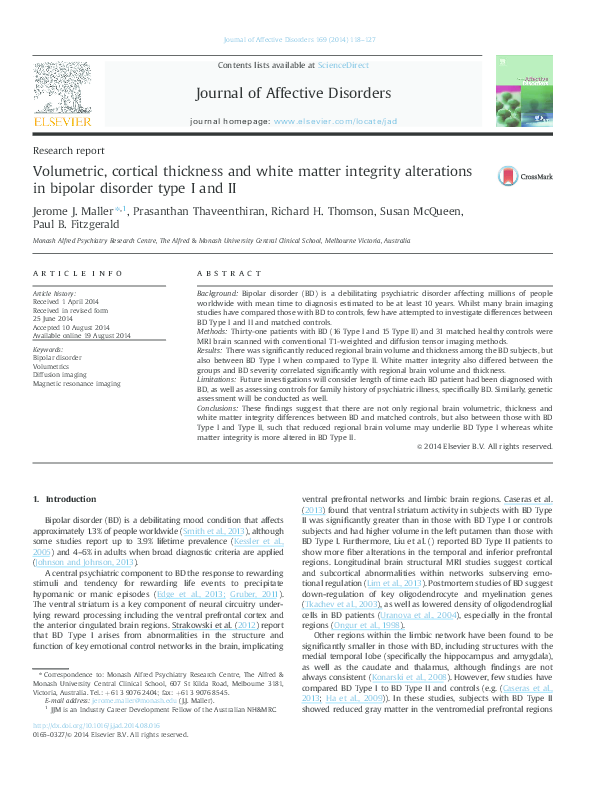(PDF) Volumetric, cortical thickness and white matter integrity alterations in bipolar disorder ...