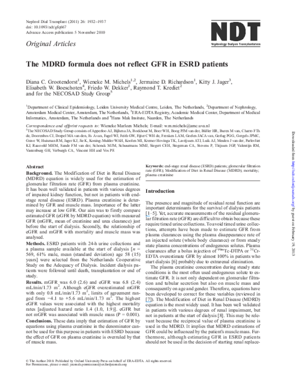 (PDF) The MDRD formula does not reflect GFR in ESRD patients