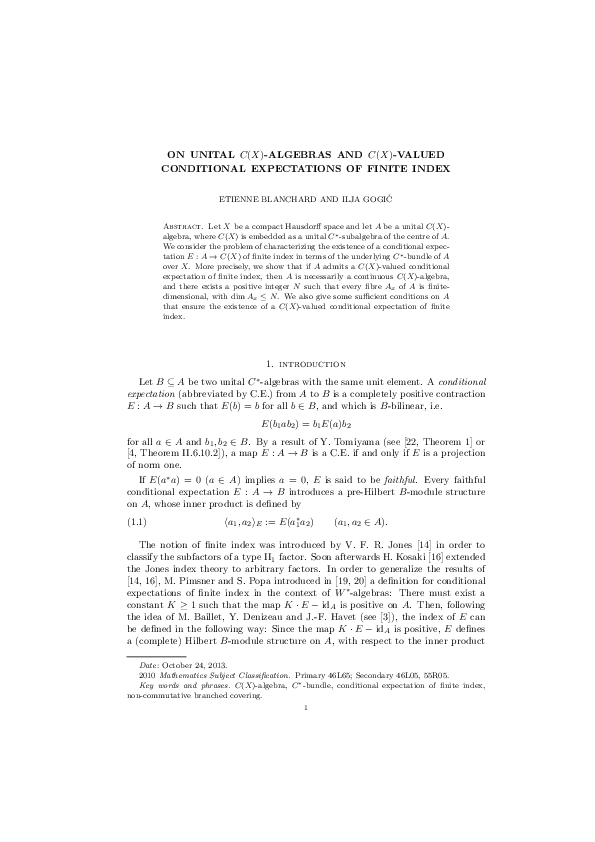(PDF) On unital C(X) -algebras and C(X) -valued conditional expectations of finite index