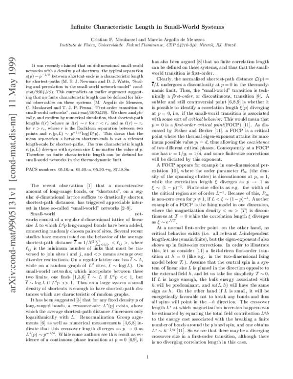 (PDF) Infinite characteristic length on small-world systems