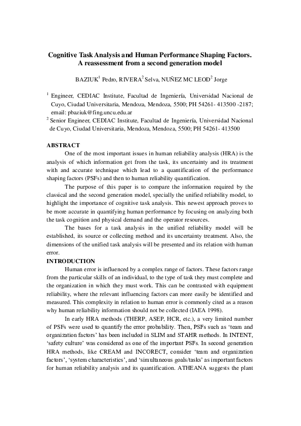 (PDF) Cognitive task analysis and human performance shaping factors - A ...