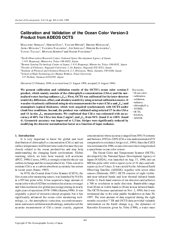 Pdf Validation Of Adeos Octs Ocean Color Product
