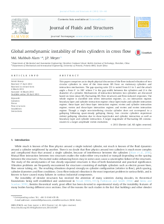 (PDF) Global aerodynamic instability of twin cylinders in cross flow ...