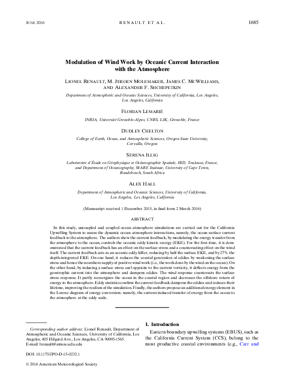 Pdf Modulation Of Wind Work By Oceanic Current Interaction With The Atmosphere