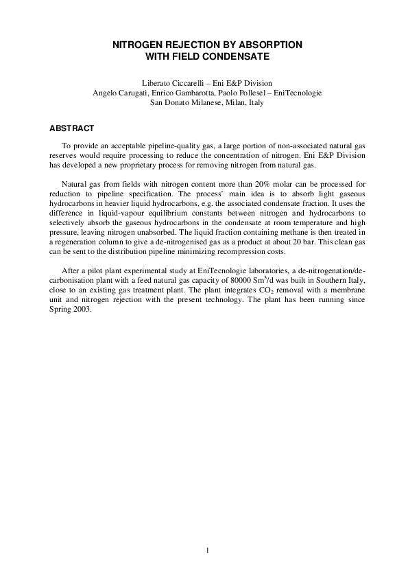 (PDF) Nitrogen rejection by adsorption with field condensate