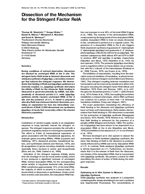 (PDF) Dissection of the mechanism for the stringent factor RelA