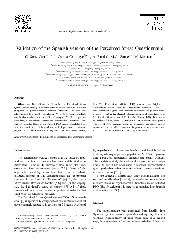 (PDF) Validation of the Spanish version of the Perceived Stress ...