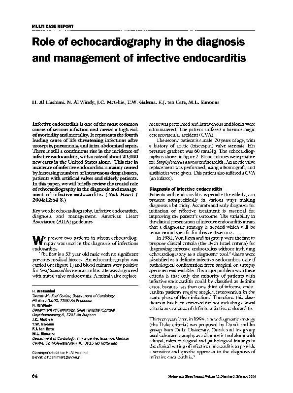 (PDF) Role of echocardiography in the diagnosis and management of infective endocarditis