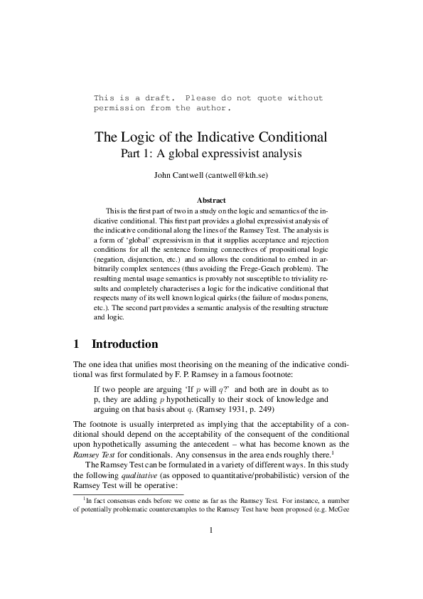 (PDF) The Logic of the Indicative Conditional Part 1: A global ...