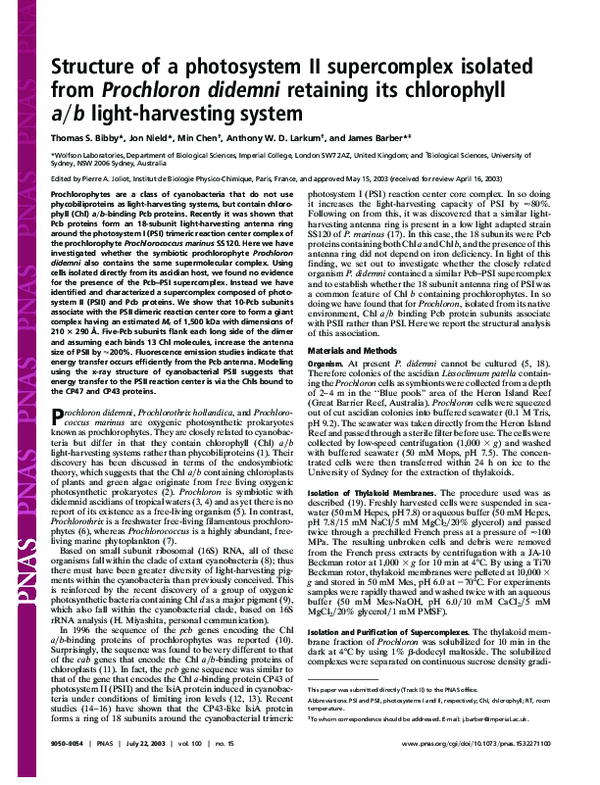 (PDF) Structure of a photosystem II supercomplex isolated from ...
