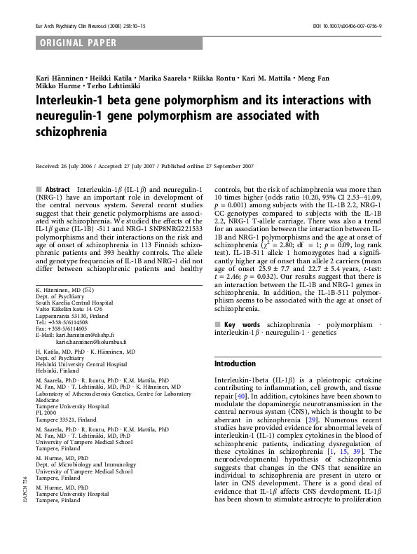 (PDF) Interleukin-1 beta gene polymorphism and its interactions with neuregulin-1 gene ...