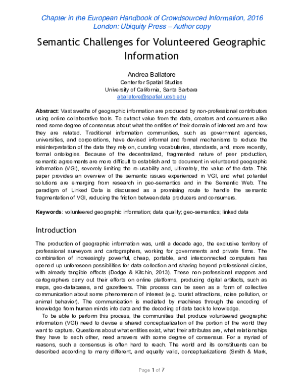 (PDF) Semantic Challenges for Volunteered Geographic Information