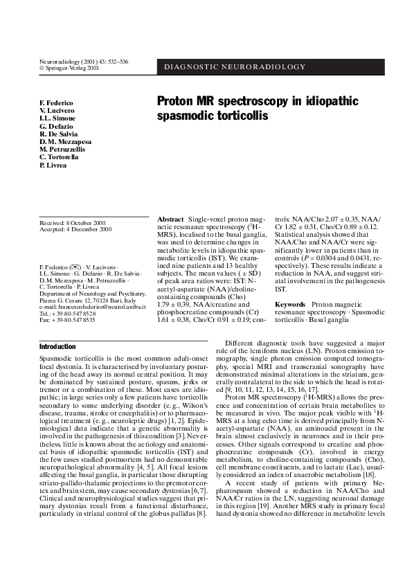 (PDF) Proton MR spectroscopy in idiopathic spasmodic torticollis