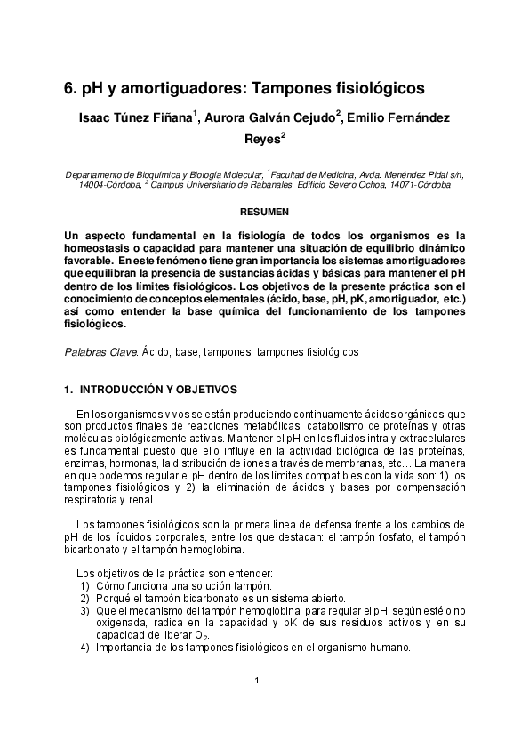 (PDF) 6. pH y amortiguadores: Tampones fisiológicos