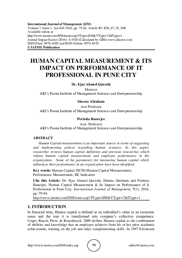 (PDF) HUMAN CAPITAL MEASUREMENT & ITS IMPACT ON PERFORMANCE OF IT ...