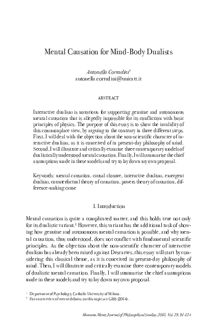(PDF) Mental Causation for Mind-Body Dualists