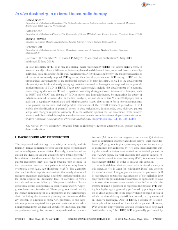 (PDF) In vivo dosimetry during external photon beam radiotherapy