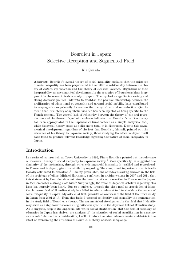 (PDF) Bourdieu in Japan: Selective Reception and Segmented Field