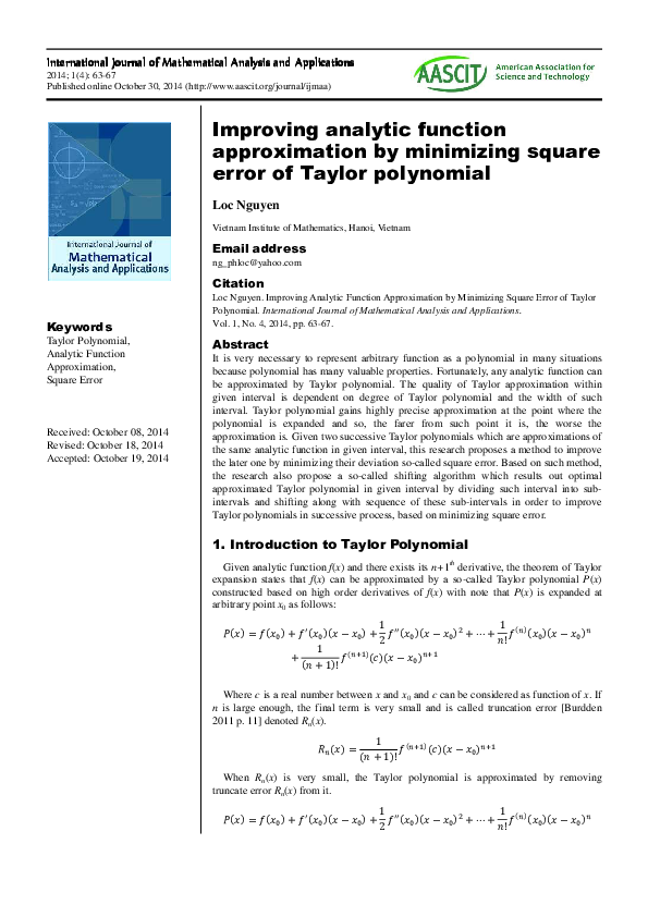 (PDF) Improving analytic function approximation by minimizing square error of Taylor polynomial
