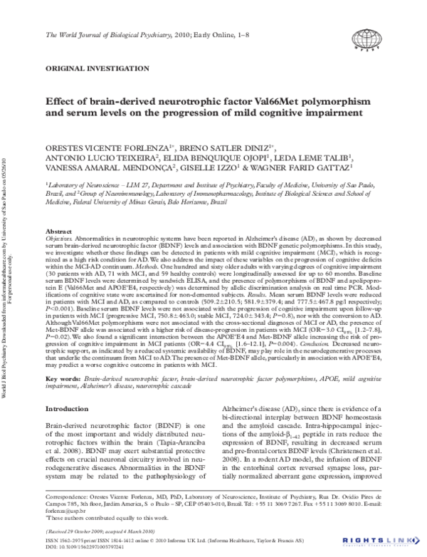 (PDF) Effect of brain-derived neurotrophic factor Val66Met polymorphism ...