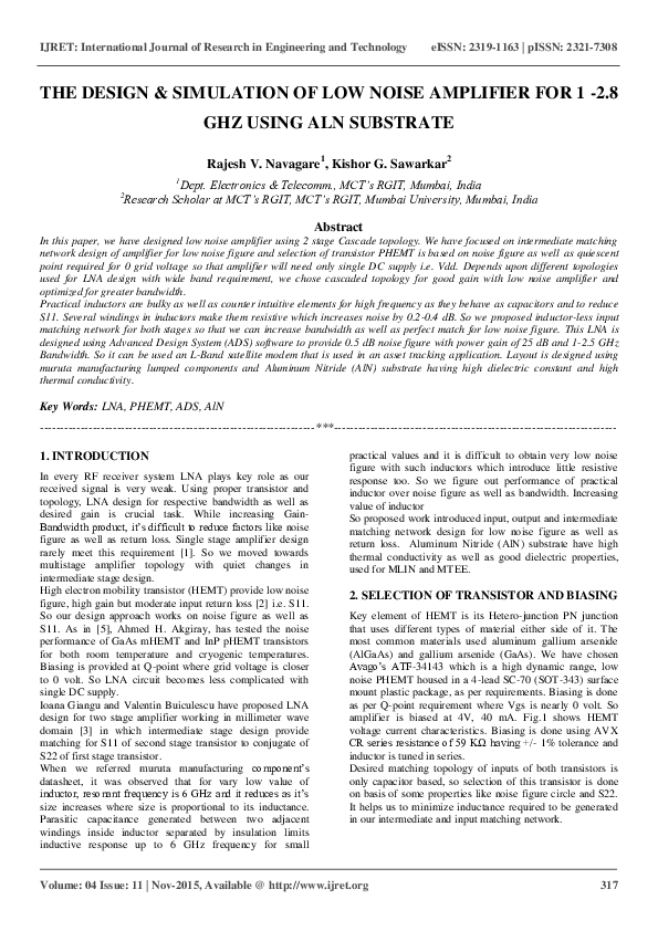 (PDF) THE DESIGN & SIMULATION OF LOW NOISE AMPLIFIER FOR 1 -2.8 GHZ USING ALN SUBSTRATE
