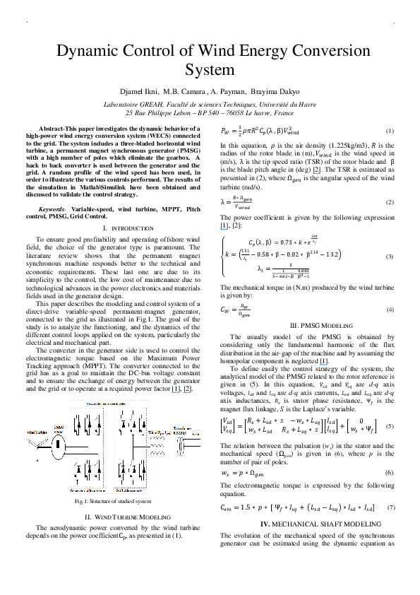(PDF) Dynamic Control of Wind Energy Conversion System