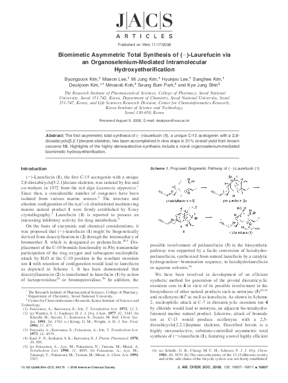 (PDF) Biomimetic Asymmetric Total Synthesis of (−)-Laurefucin via an ...