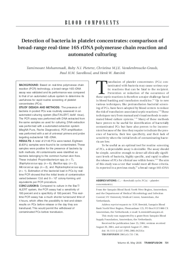 (PDF) Detection of bacteria in platelet concentrates: comparison of ...