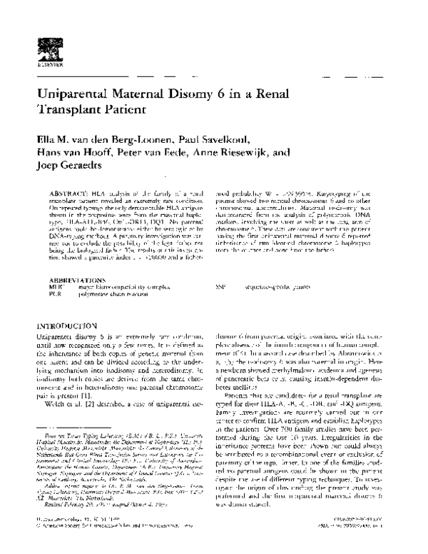 (PDF) Uniparental maternal disomy 6 in a renal transplant patient