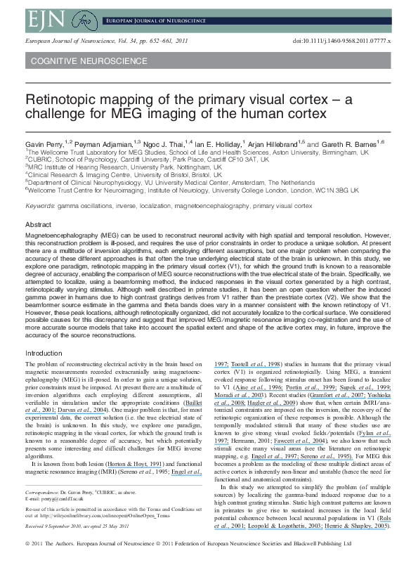 (PDF) Retinotopic mapping of the primary visual cortex - a challenge for MEG imaging of the ...