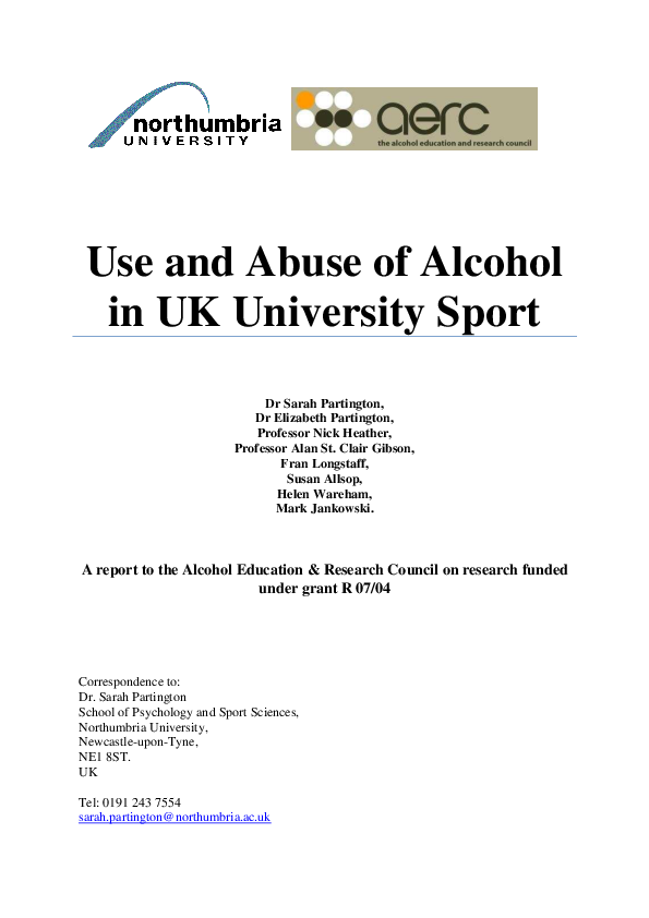 (PDF) Use and Abuse of Alcohol in UK University Sport, AERC final report